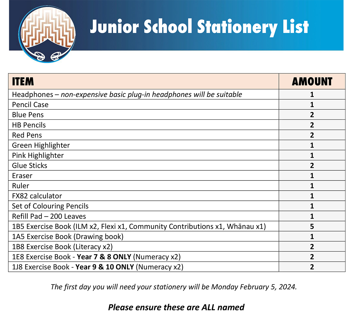 2024 Stationery Lists | Te Paepae O Aotea