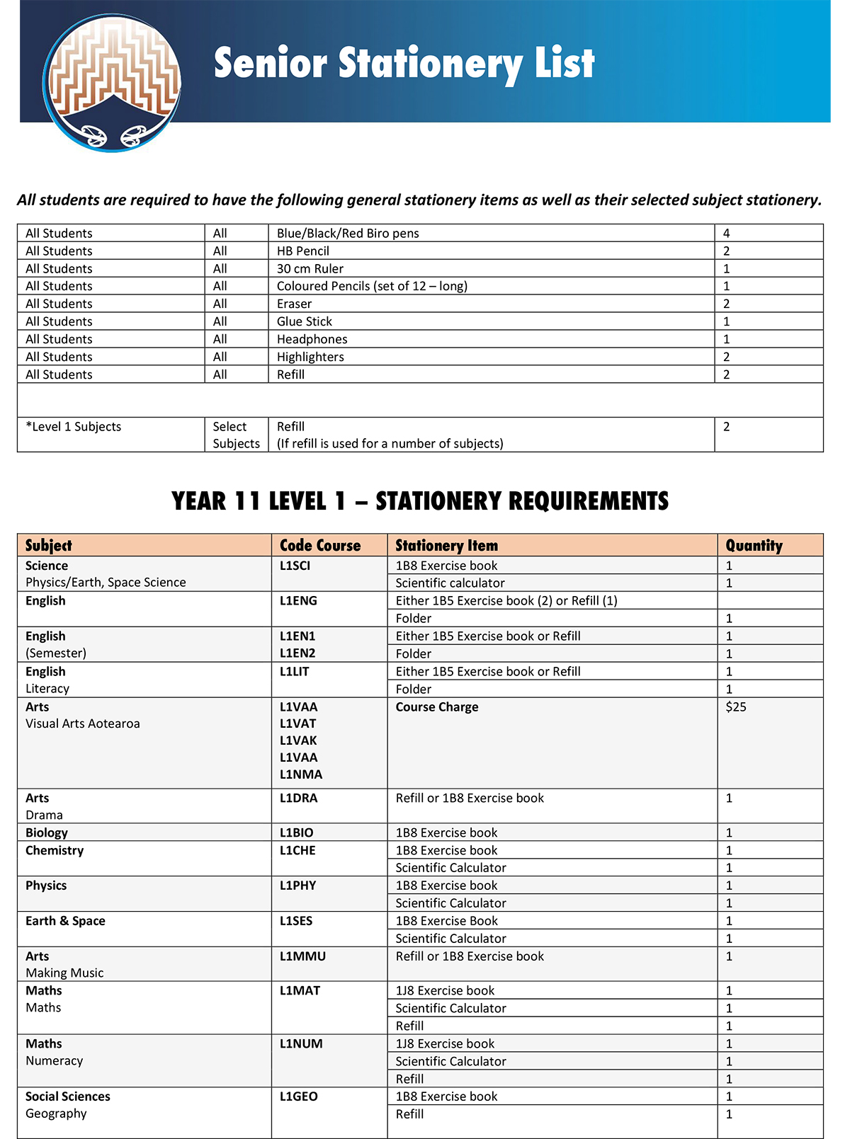 2025 Stationery Lists | Te Paepae O Aotea