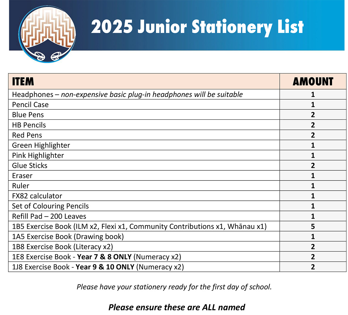 2025 Stationery Lists | Te Paepae O Aotea